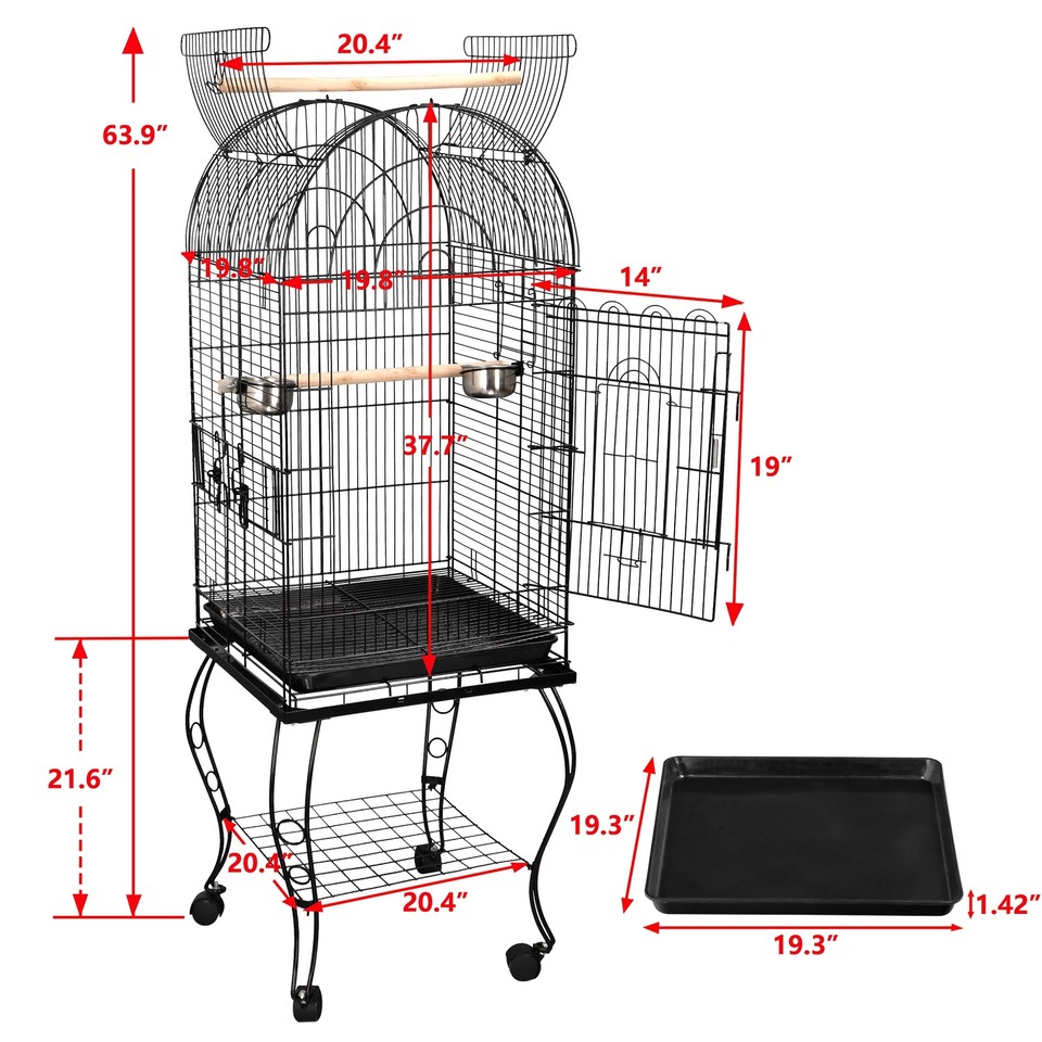 64in Rolling Bird Cage Wrought Iron Top Open Large Parrot Cage w ...