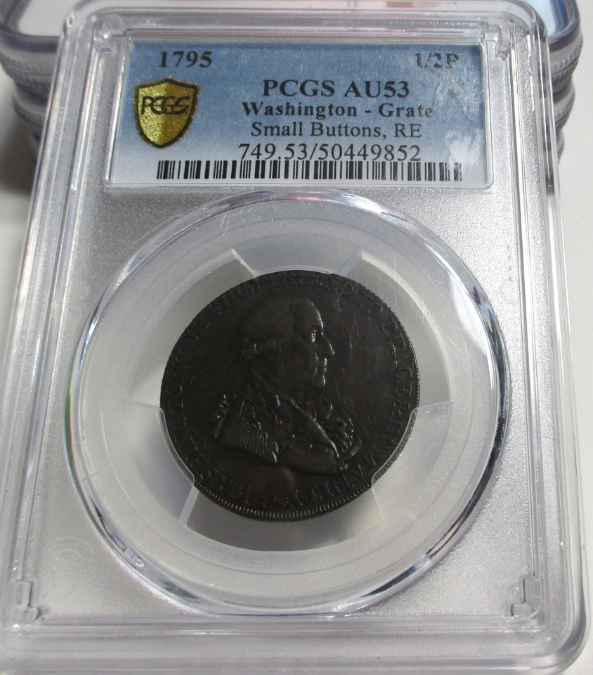 1795 WASHINGTON-GRATE SMALL BUTTONS, RE COPPER US COLONIAL HALF PENNY ...
