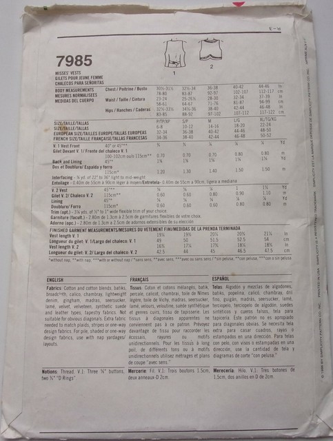 90s Simplicity Pattern 7985 Size a Pt-xl Five Sizes Misses Vests for ...