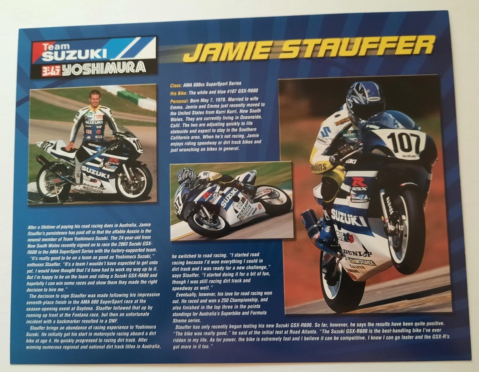 Vintage Poster Card 2003 Jamie Stauffer GSX-R600 Suzuki AMA Yoshimura ...