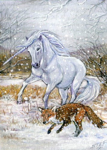 MAGIC SNOW Unicorn FOX Horse Winter Whimsical ACEO ORIGINAL PAINTING ...