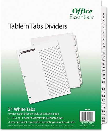Office Essentials Table n Tabs Dividers w/White Tabs 1-31 Tab Black ...