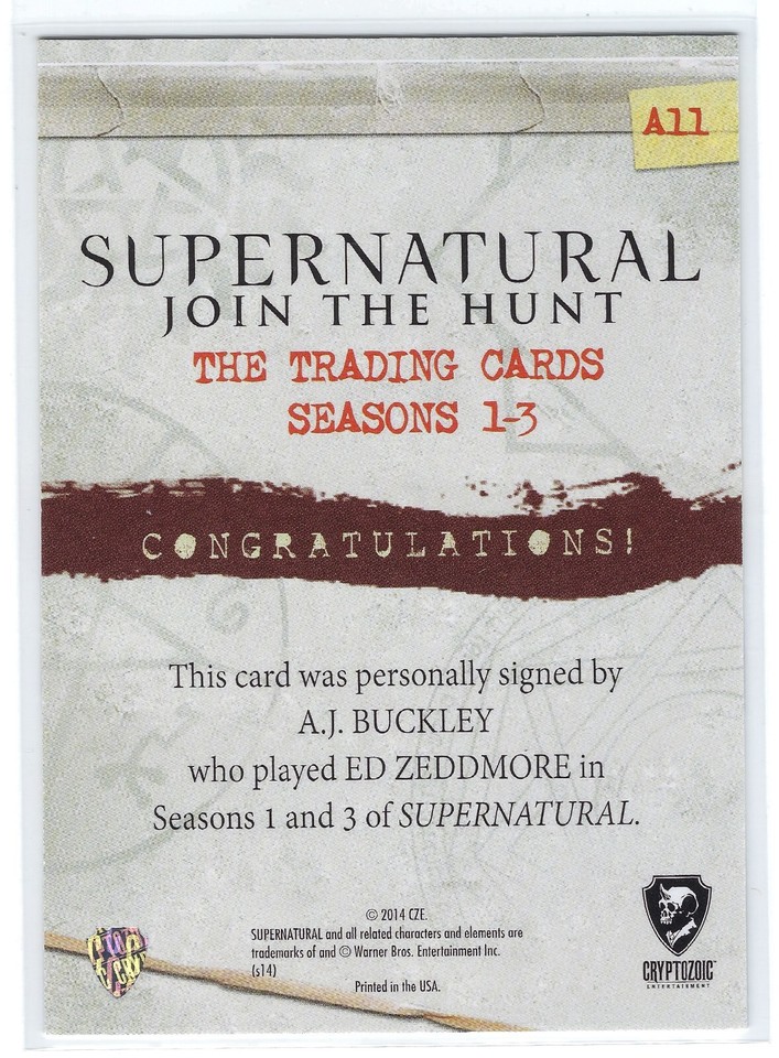 2014 SUPERNATURAL A.J. BUCKLEY as ED ZEDDMORE SIGNED AUTO AUTOGRAPH ...