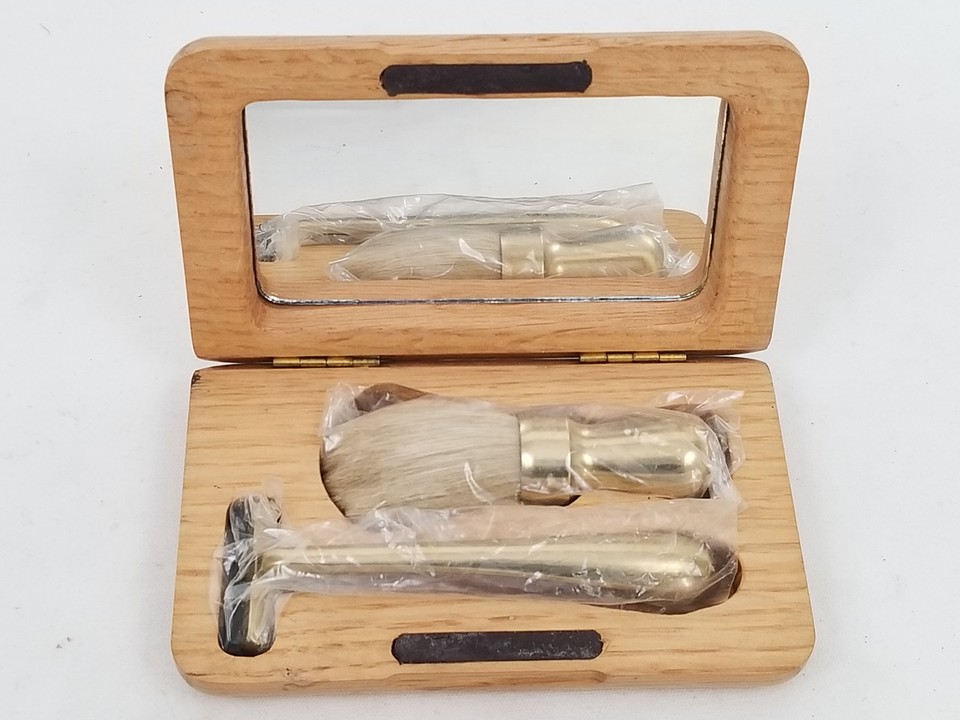 Vintage Men's Solid Brass Razor and Brush Gold Plating in Wooden Box | eBay