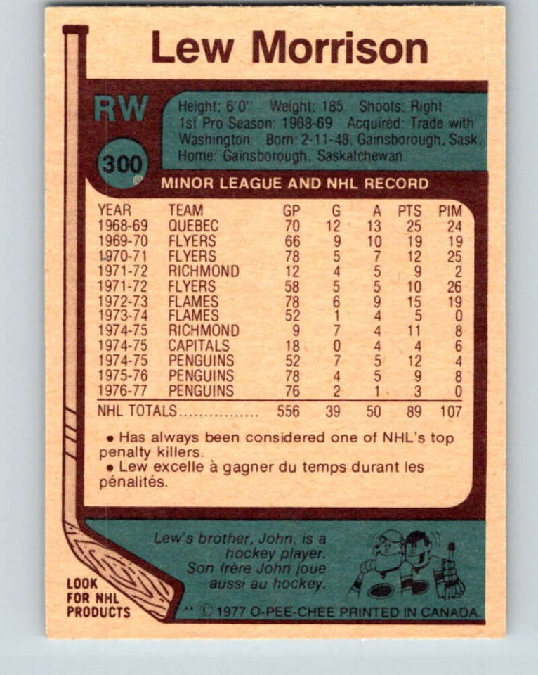 (HCW) 1977-78 O-Pee-Chee #300 Lew Morrison Pittsburgh Penguins V15072 ...