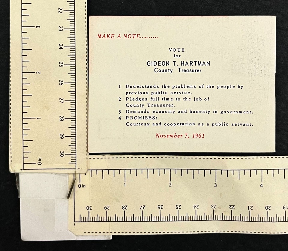 1961 Elect Gideon Hartman County Treasurer PA Local Vintage Political ...