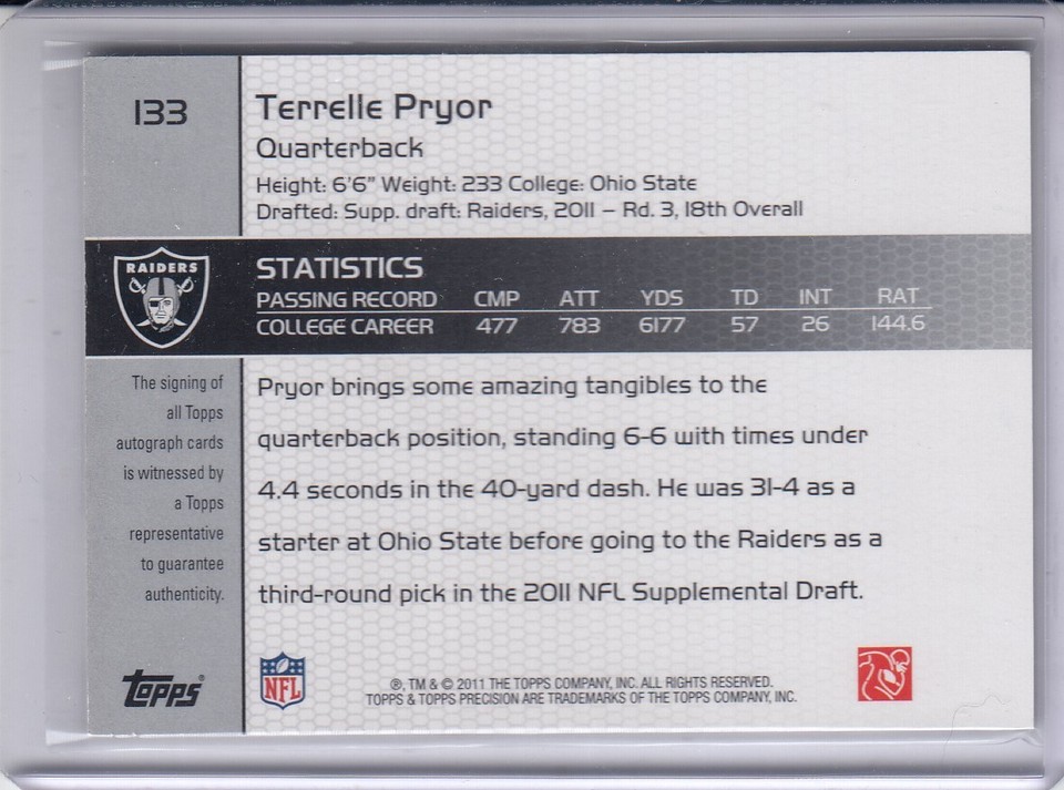 TERRELLE PRYOR 2011 Precision Rookie Autograph Gold Ink #133 RC 32/50 ...