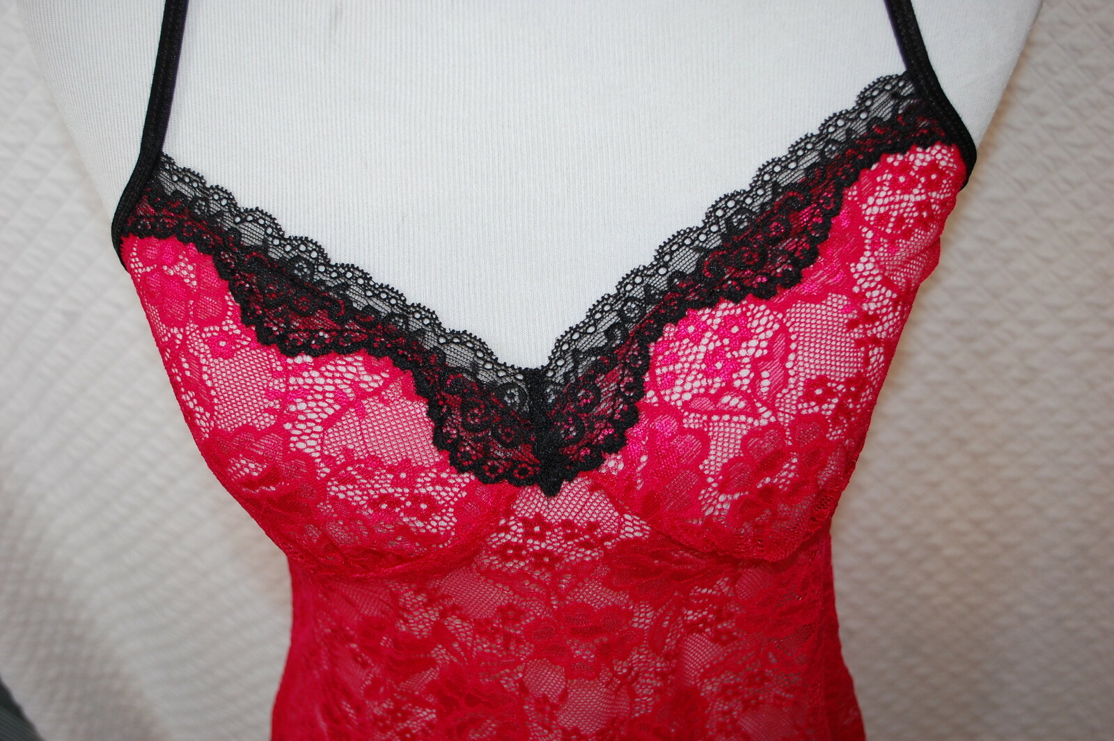 Womens RED LACE NIGHTGOWN See Thru BLACK TRIM Adj Straps SEXY Chemise S ...