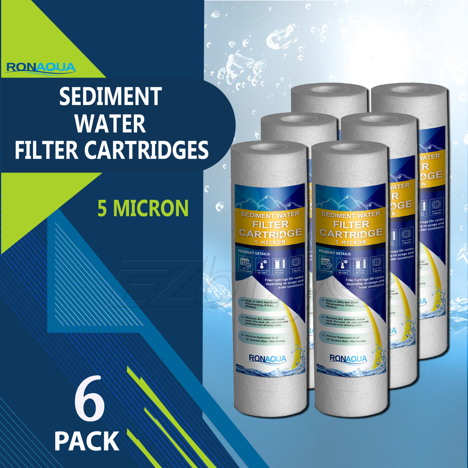 6 Pack Sediment 5 Micron Water Filter Cartridges 2.5" x 10" for Reverse ...
