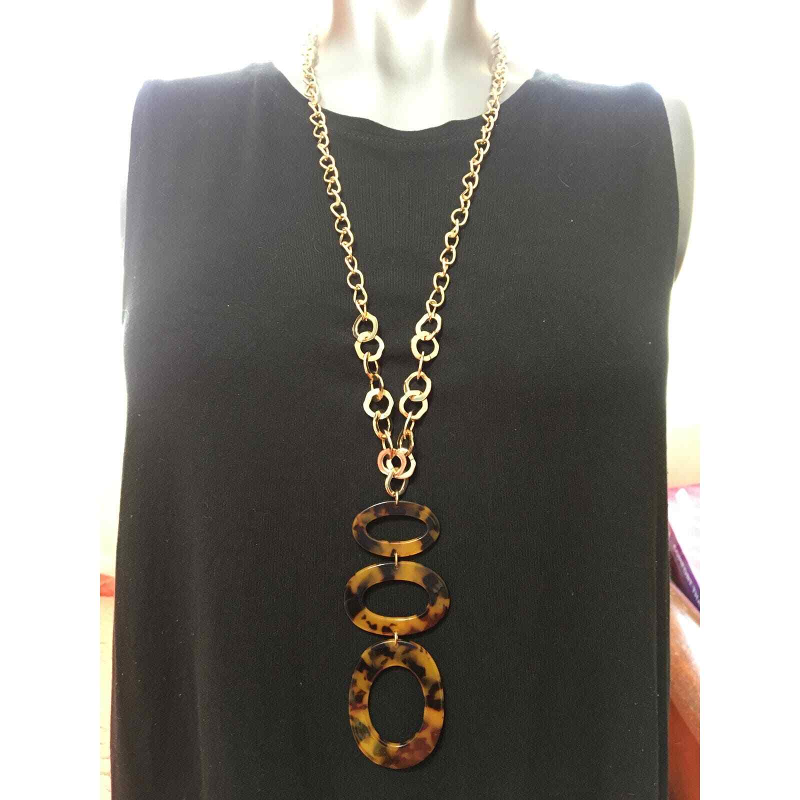 Tortoise Shell And Gold Colored Long Chain Necklace With Dangle Back | eBay