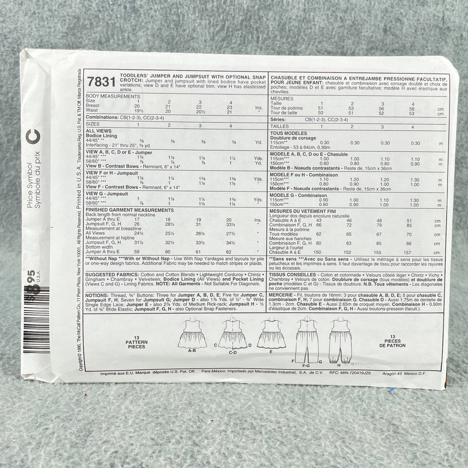 McCalls 7831 Jumper and Jumpsuit with Snaps Toddlers Size 2 4 Sewing ...
