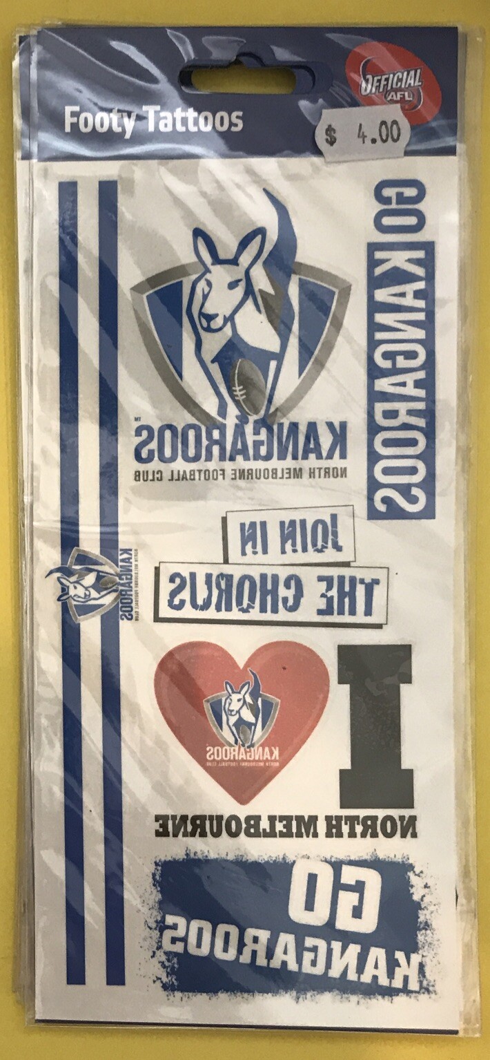 NEW North Melbourne Kangaroos Footy Tattoo Sheets 11 Packs. 3 Designs ...