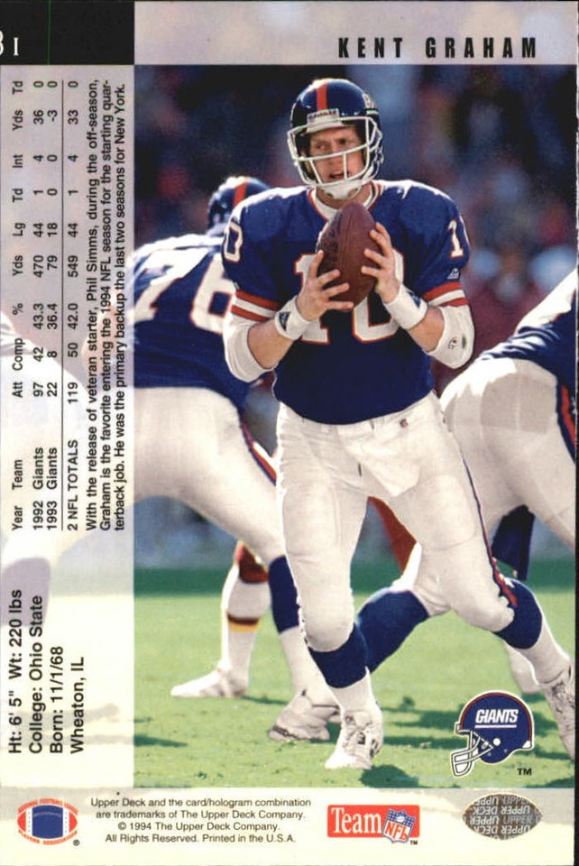 1994 Upper Deck Electric Silver New York Giants Football Card #81 Kent ...