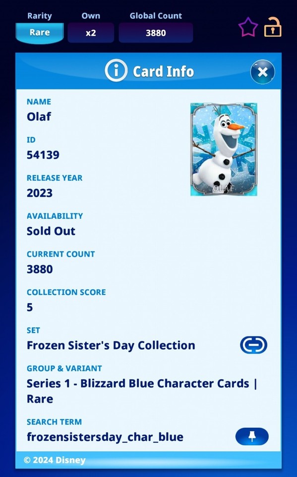 Topps Disney Collect Digital Frozen Sister's Day OLAF Blizzard Blue ...