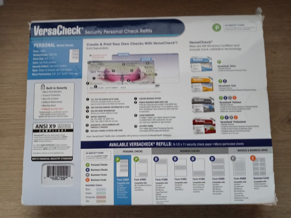 VersaCheck Security Personal Check Refills #3001 Personal Wallet - Blue ...