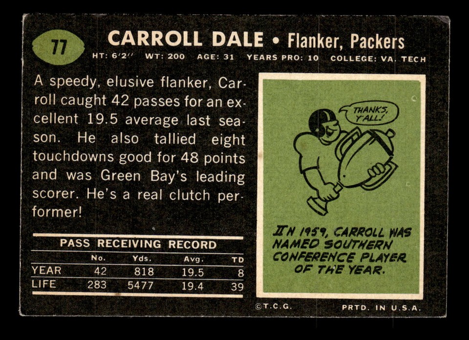 Carroll Dale 1969 Topps #77 Green Bay Packers GD-VG | eBay