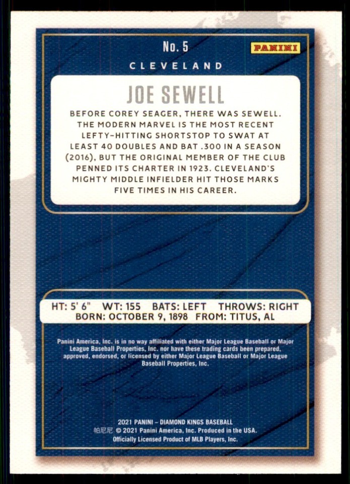 2021 Panini Diamond Kings Joe Sewell Cleveland Indians #5 MLB Baseball ...