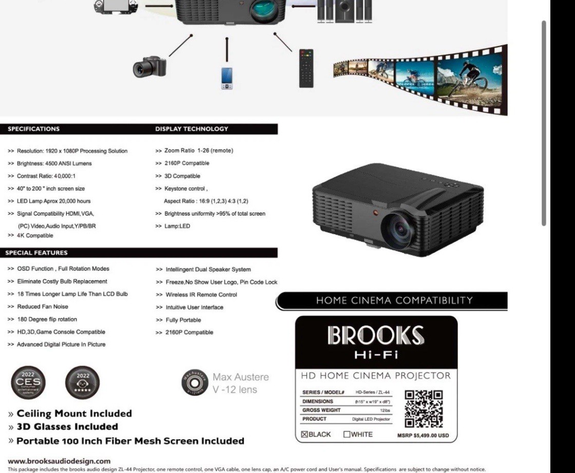 Brooks ZL-44 HD HOME CINEMA PROJECTOR (4K) +2160p|with 100” Fiber Mesh ...