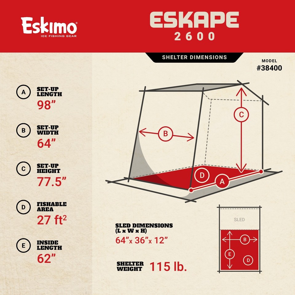 Eskimo Eskape 2600 Sled Ice Shelter, Insulated, Red/Black, 2-Person ...