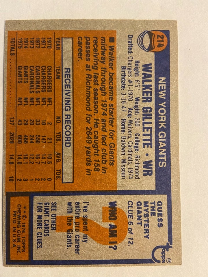 1976 Topps #214 Walker Gillette New York Giants | eBay