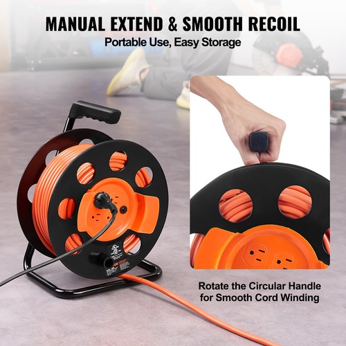 VEVOR Extension Cord Reel 100FT with 4 Outlets 14AWG SJTOW Manual Cord ...