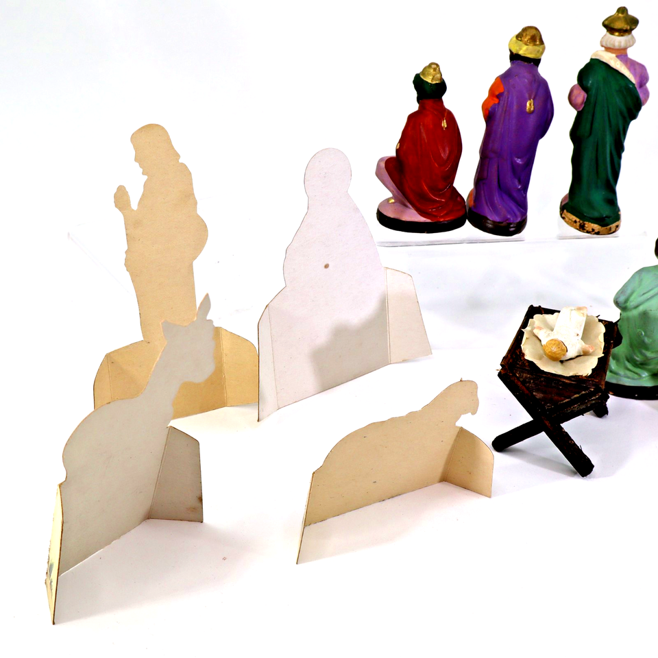 14 pc Antique Germany Elastolin Nativity Scene composition & paper Lot ...