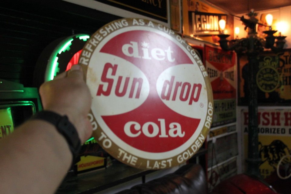 RARE 1950s ENJOY COFFEE BREAK SUN DROP COLA GOLDEN PAINTED METAL SIGN ...