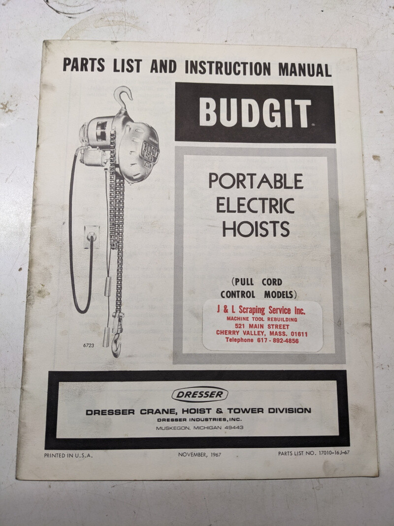BUDGIT PORTABLE ELECTRIC HOISTS PARTS LIST INSTRUCTION MANUAL 1967 ...