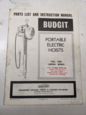BUDGIT PORTABLE ELECTRIC HOISTS PARTS LIST INSTRUCTION MANUAL 1967 ...