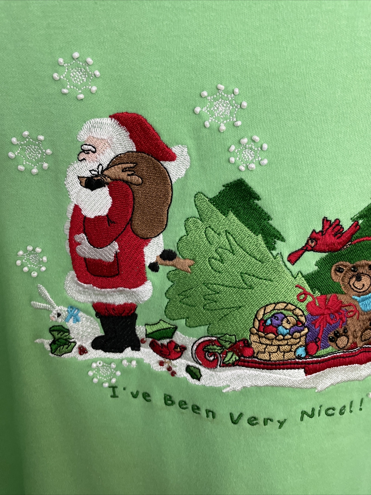 QUACKER FACTORY Lime Green Cotton Tee Shirt Embroidery Christmas Santa ...