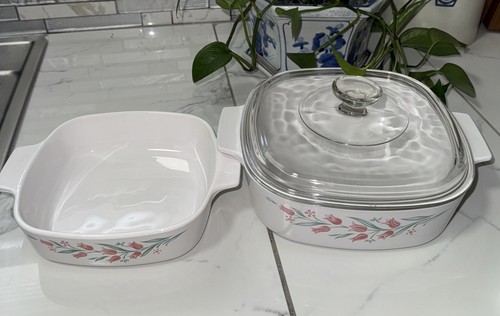 Corning Ware Casserole Set of 2 Rosemarie Pink Tulip A2B 2 liter & A1B ...
