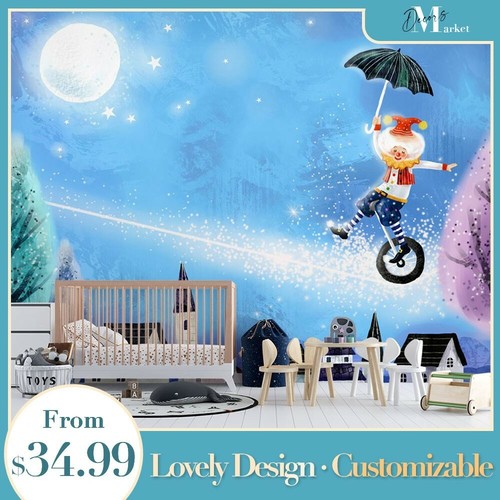 Clown Moon Kids Cartoon Blue 3D Wall Mural Australia Removable ...