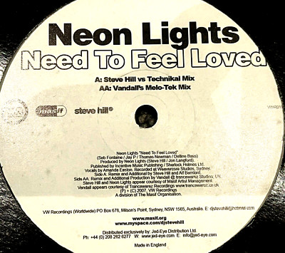 NEON LIGHTS - NEED TO FEEL LOVED - TRANCE RMX REFLEKT ! RARE 12” VINYL ...
