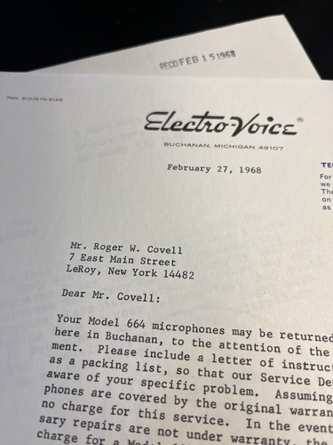 ELECTRO-VOICE MODEL 664 MICROPHONE CUSTOMER SERVICE LETTERS ORIGINAL ...