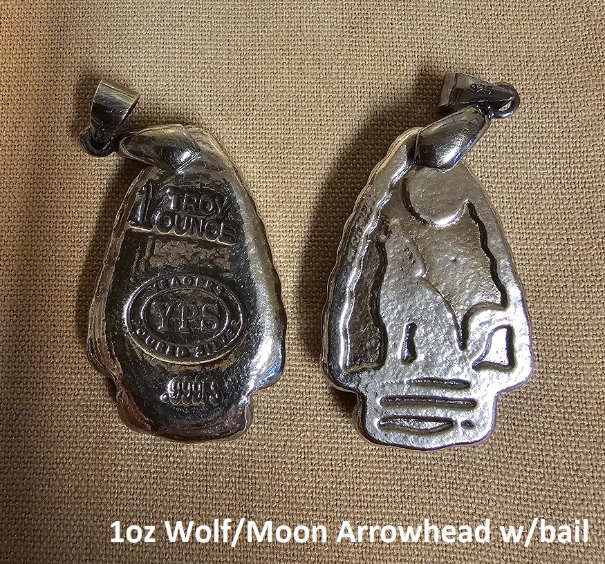 1 oz Hand Poured 999 Silver Bullion Bar "Arrowhead Wolf/Moon" With bail ...