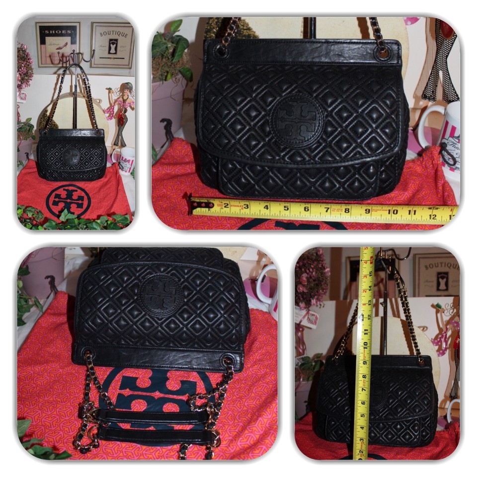 POSH TORY BURCH BLACK LEATHER FLEMING LARGE T LOGO DOUBLE GOLD CHAIN ...