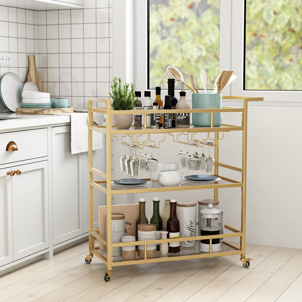 Gold Bar Cart Square s With 3 Tier Storage Glass Shelves Holder Unique ...