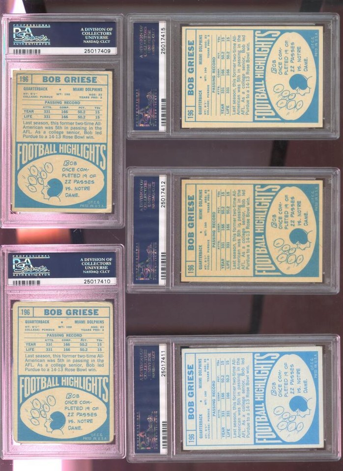 1968 Topps #196 Bob Griese ROOKIE RC PSA 5 Graded Football Card Miami ...