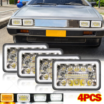 4pcs 4x6" LED Headlights with Halo DRL/Turn Lights For DeLorean DMC 12 ...