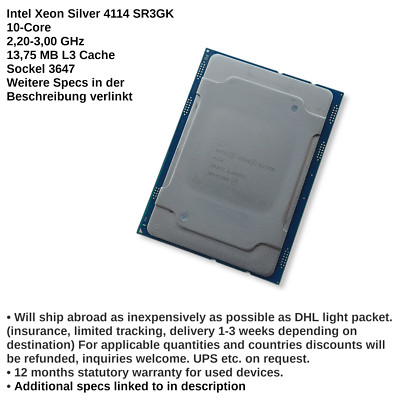 Intel Xeon Silver 4114 CPU Sockel 3647 10-Core 2,2-3 GHz 13,75MB SR3GK ...