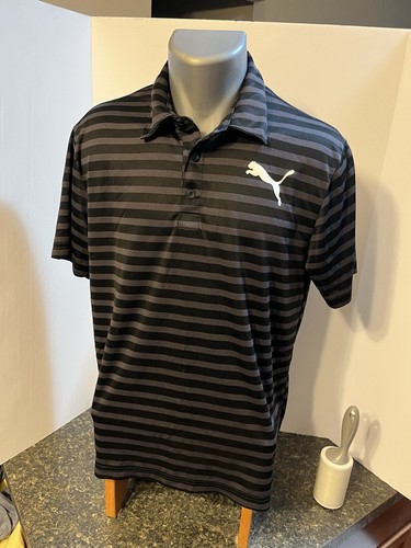 PUMA Men’s POLO Golf Shirt Black Gray Striped Medium Polyester | eBay
