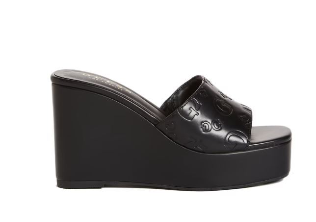 NEW WOMEN'S BLACK LEATHER PLATFORM GUESS STACEE FLIP FLOP SLIDES ...
