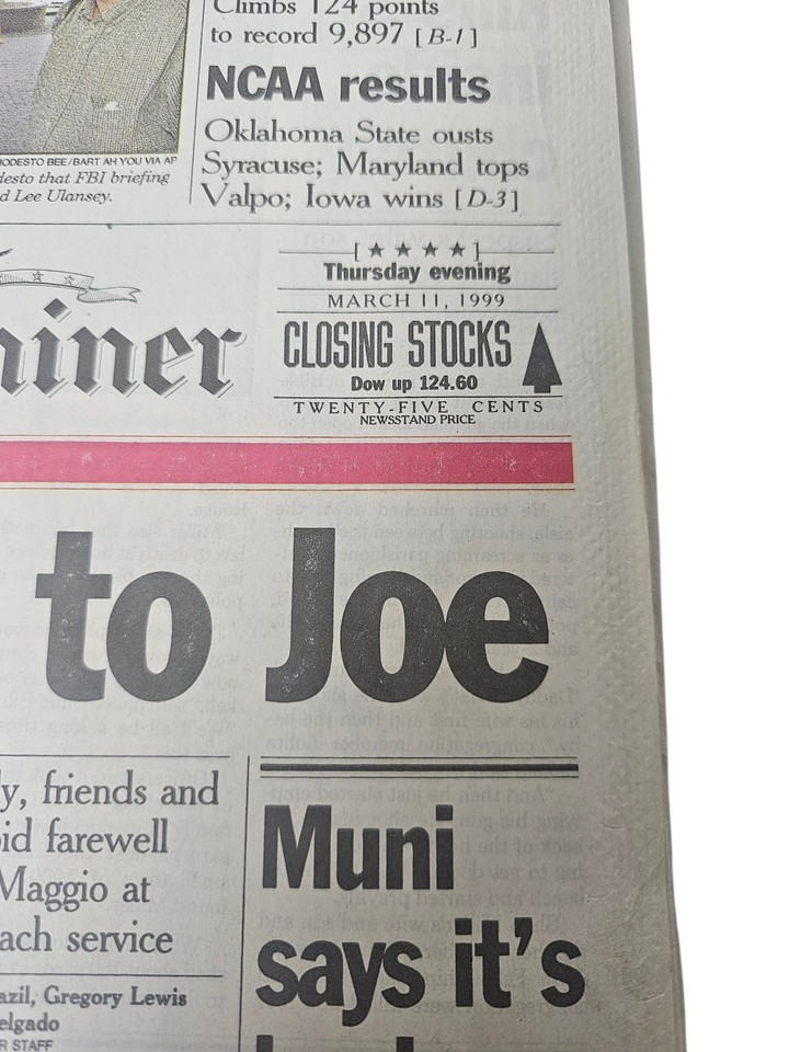 Joe DiMaggio Funeral San Francisco Examiner Complete Newspaper CA March ...