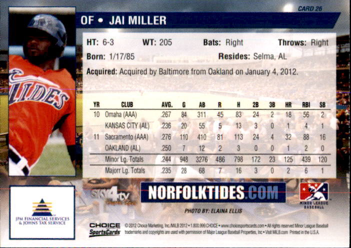 2012 Norfolk Tides Choice #26 Jai Miller Selma Alabama AL Baseball Card ...