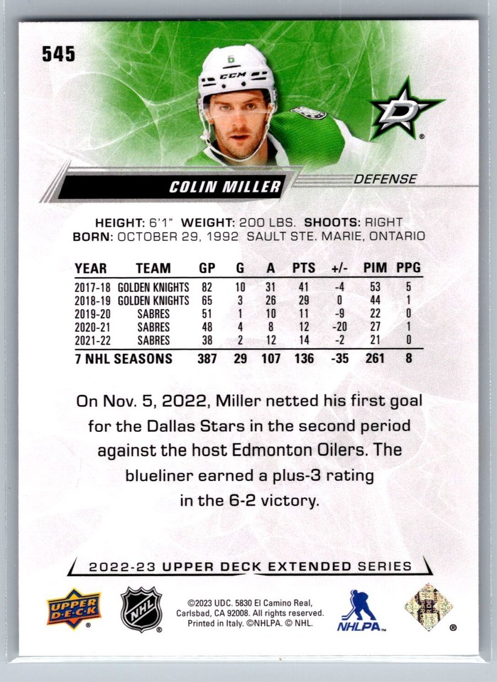 Colin Miller 2022-23 Upper Deck HOCKEY #545 Dallas Stars | eBay