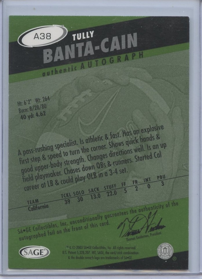 Tully Banta-Cain 2003 Sage HIT Auto Gold 229/250 Rookie California ...