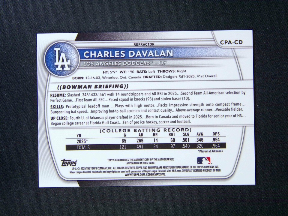 2025 Bowman Draft Chrome Charles Davalan Prospect 1st Auto Refractor ...