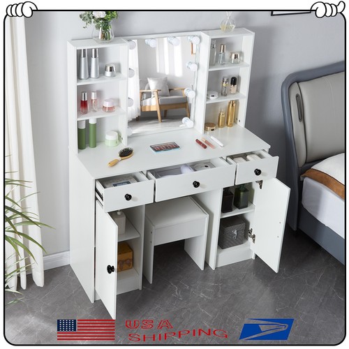 Vanity Set w/ LED Lights Mirror Makeup Dressing Table Lady Dresser Desk ...