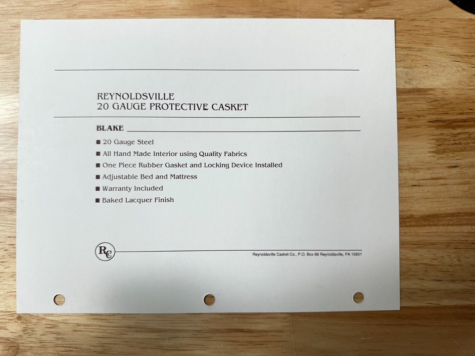 Vintage Reynoldsville Casket Print Ad Blake Cedar Silver Finish Crepe ...