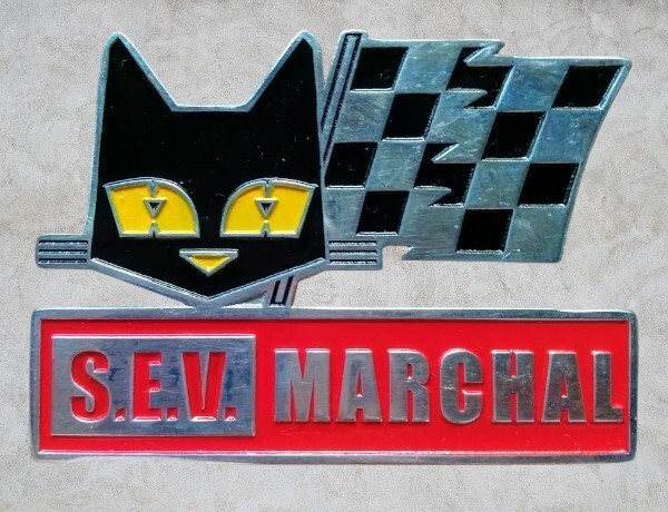 VINTAGE SEV MARCHAL FOG LIGHT HISTORY CAT LOGO CAR BADGE FLAG PLACCA ...